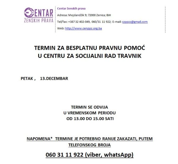Termini besplatne pravne pomoći u Centru za socijalni rad Travnik - JU ...